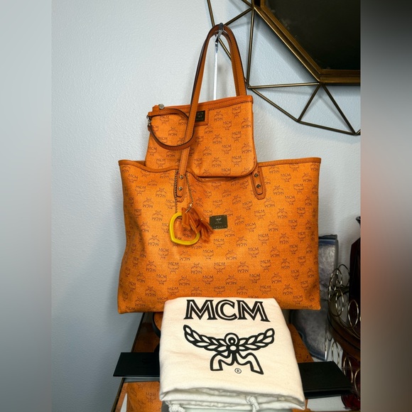 MCM | Bags | Mcm Orange Tote Bag With Signature Monogram And Leather ...